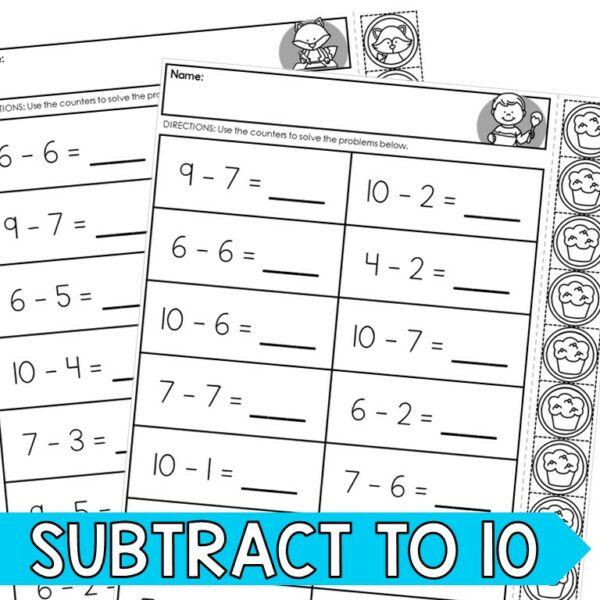 Subtraction within 10 with Built-In Counters Subtraction to 10 Math ...